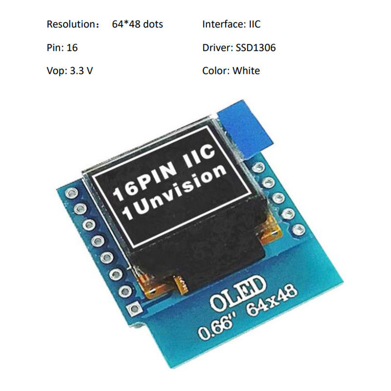 0.66 Inch IIC OLED Display 16 Pin With 64x48 Pixels, White/Blue Fonts ...