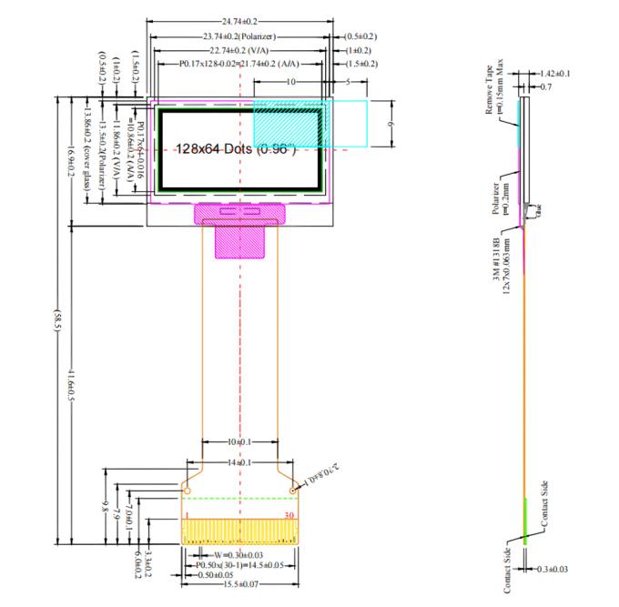 0.96 Inch 30 Pin ZIF Connector OLED Thin Display Panel 128x64 Dot ...