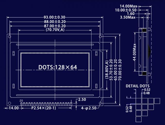 20 Pin Monochrome Graphic LCD Display MPU STN Negative COB 128X64 Matrix LCM