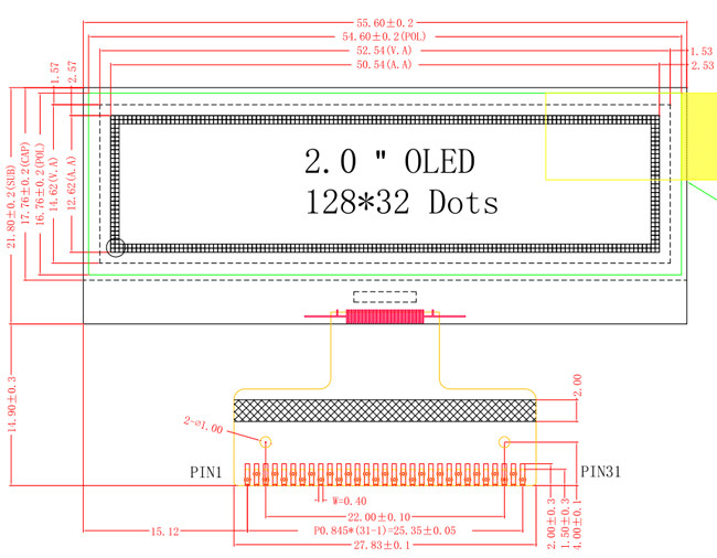 Industrial Grade 2 Inch OLED Display Module 128x32 Graphic SPI I2C ...